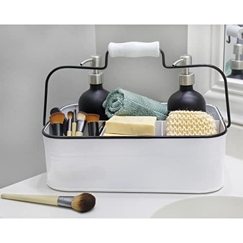 AuldHome Large Rustic Caddy; 4-Section White Enamelware Farmhouse Style Organizer with Handle