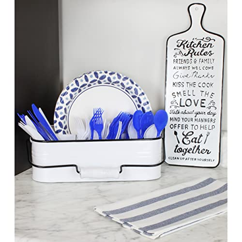 AuldHome Large Rustic Caddy; 4-Section White Enamelware Farmhouse Style Organizer with Handle