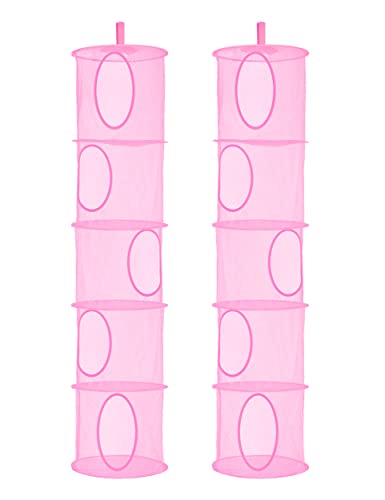 Libeder Mesh Hanging Storage Space Saver Bags Organizer,Foldable Storage Organizer 5 Compartments Toy Storage Basket for Kids Room Bathroom 2 Sets Pink