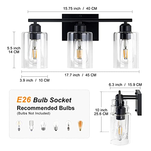 GZDEZCL Bathroom Vanity Light Fixtures, 3-Light Bathroom Wall Light Matte Black Bathroom Wall Lamp Modern Wall Sconce Lighting with Clear Glass Shade for Mirror Bedroom Powder Room Hallway(17.7 Inch)