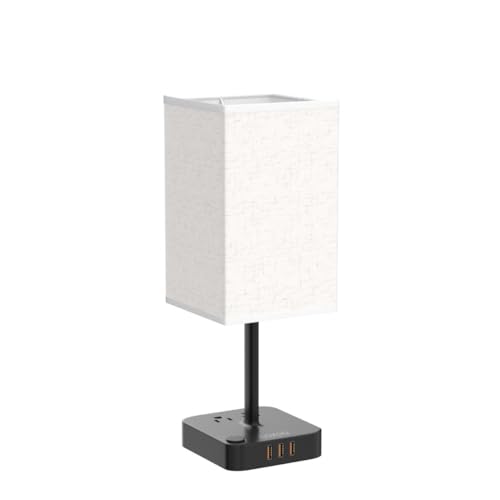 COZOO USB Bedside Dimmable Table Desk Lamp with 2 USB Charging Ports 2 Outlets Power Strip,Black Charger Base Flaxen Fabric Shade, LED Light for Bedroom/Nightstand/Living Room/Dorm/Home Office/College