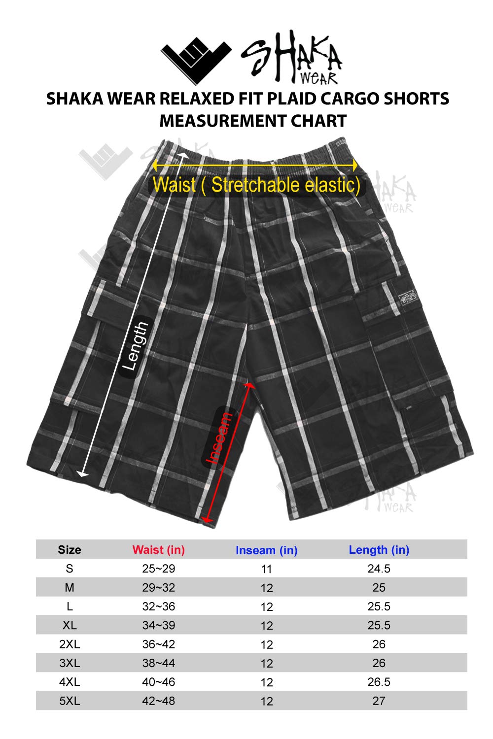 Shaka Wear Men’s Cargo Shorts – Casual Plaid Relaxed Loose Fit Elastic Waist Multi Pocket Pants Regular Big Size SP1703 Navy 2X