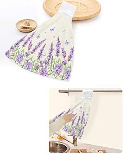 WARM TOUR 1Pcs Kitchen Hanging Towel Country Purple Lavender Flower Butterfly,Absorbent Soft Hand Tie Towel with Loop Fall Floral Retro Linen,Tea Bar Dish Cloth Dry Towel for Bathroom