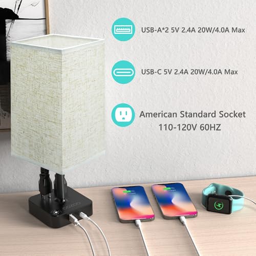 COZOO USB Bedside Dimmable Table Desk Lamp with 2 USB Charging Ports 2 Outlets Power Strip,Black Charger Base Flaxen Fabric Shade, LED Light for Bedroom/Nightstand/Living Room/Dorm/Home Office/College