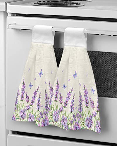 WARM TOUR 1Pcs Kitchen Hanging Towel Country Purple Lavender Flower Butterfly,Absorbent Soft Hand Tie Towel with Loop Fall Floral Retro Linen,Tea Bar Dish Cloth Dry Towel for Bathroom