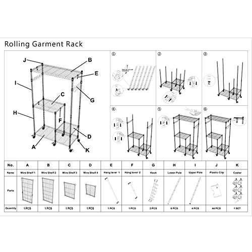 tonchean Rolling Wire Garment Rack Heavy Duty Clothes Rack for Hanging Clothes Freestanding Clothing Rack Closet Wardrobe Rack with Shelves and Wheels