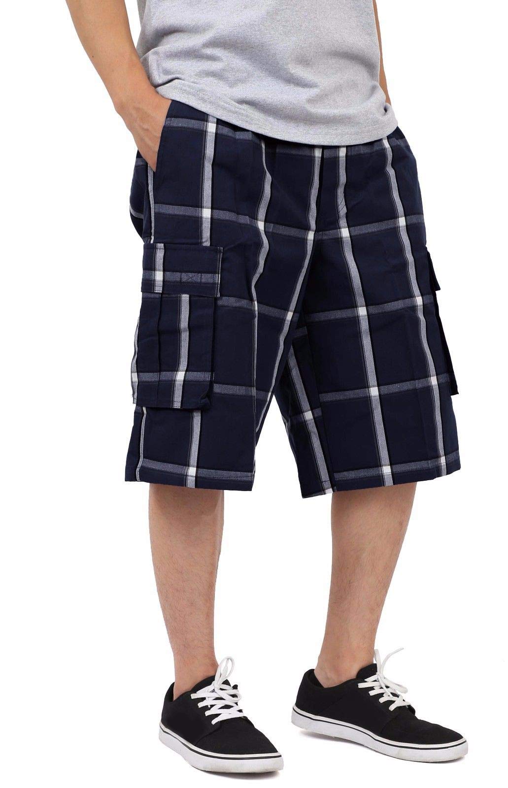 Shaka Wear Men’s Cargo Shorts – Casual Plaid Relaxed Loose Fit Elastic Waist Multi Pocket Pants Regular Big Size SP1703 Navy 2X