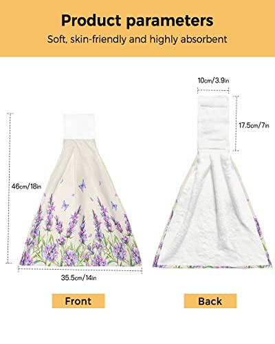 WARM TOUR 1Pcs Kitchen Hanging Towel Country Purple Lavender Flower Butterfly,Absorbent Soft Hand Tie Towel with Loop Fall Floral Retro Linen,Tea Bar Dish Cloth Dry Towel for Bathroom