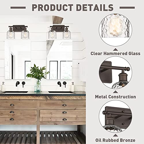 zeyu 2-Light Bathroom Vanity Light, Farmhouse Wall Sconce Lighting with Clear Hammered Glass, Oil Rubbed Bronze Finish, ZJF63B-2W ORB