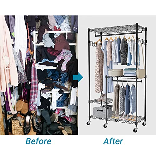 tonchean Rolling Wire Garment Rack Heavy Duty Clothes Rack for Hanging Clothes Freestanding Clothing Rack Closet Wardrobe Rack with Shelves and Wheels