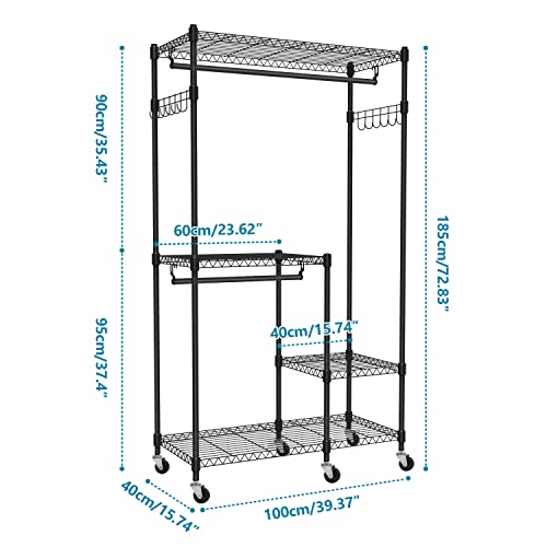 tonchean Rolling Wire Garment Rack Heavy Duty Clothes Rack for Hanging Clothes Freestanding Clothing Rack Closet Wardrobe Rack with Shelves and Wheels
