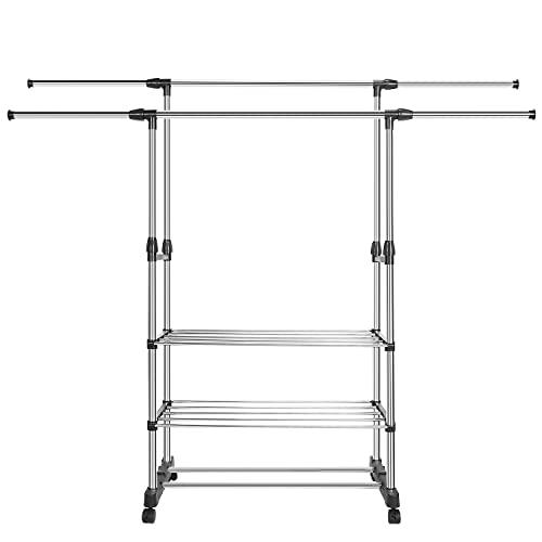 KOCASO Garment Rack with Wheels Double Rod Clothes Rack Clothing Rack with Shelves Rolling Clothes Rack