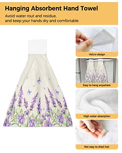 WARM TOUR 1Pcs Kitchen Hanging Towel Country Purple Lavender Flower Butterfly,Absorbent Soft Hand Tie Towel with Loop Fall Floral Retro Linen,Tea Bar Dish Cloth Dry Towel for Bathroom