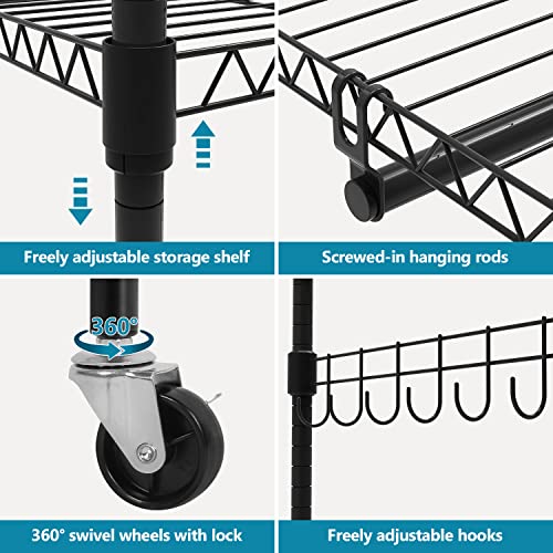tonchean Rolling Wire Garment Rack Heavy Duty Clothes Rack for Hanging Clothes Freestanding Clothing Rack Closet Wardrobe Rack with Shelves and Wheels