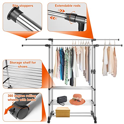 KOCASO Garment Rack with Wheels Double Rod Clothes Rack Clothing Rack with Shelves Rolling Clothes Rack