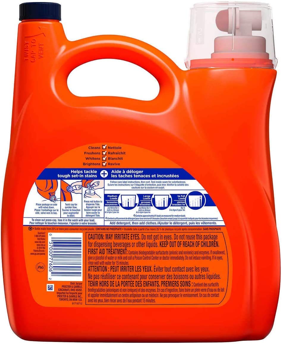 Tide Ultra Concentrate, OXI Advanced Power,Extra Stain Removel for Whites & Color Liquid Laundry Detergent - 165 oz, 89 Loads