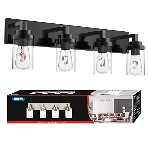MELUCEE 4-Light Vanity Lights Over Mirror, Farmhouse Bathroom Light Fixtures Black with Clear Glass Shade, Industrial Wall Mount Lamp for Bedroom Kitchen Hallway