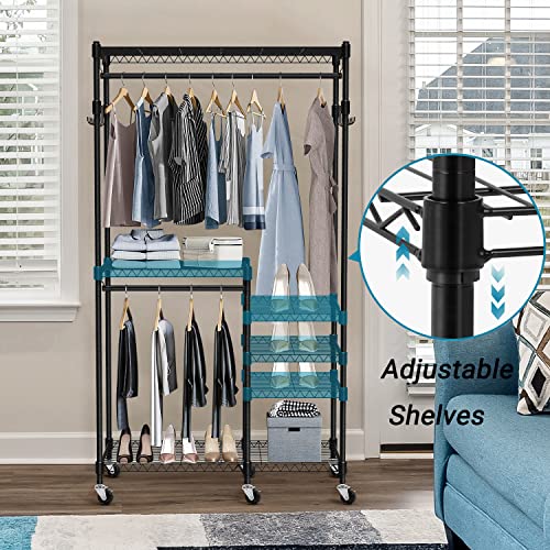 tonchean Rolling Wire Garment Rack Heavy Duty Clothes Rack for Hanging Clothes Freestanding Clothing Rack Closet Wardrobe Rack with Shelves and Wheels