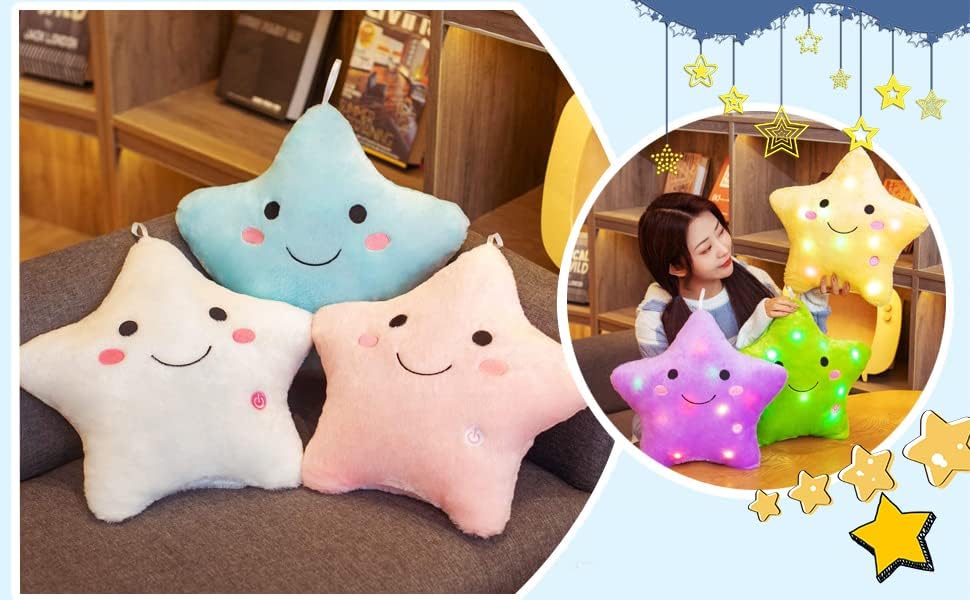 DearSun 13''Creative Twinkle Star Colorful Night Light Plush Pillows Light up Night Stuffed Toys Perfect for Birthday Christmas Holiday Valentines (Blue)