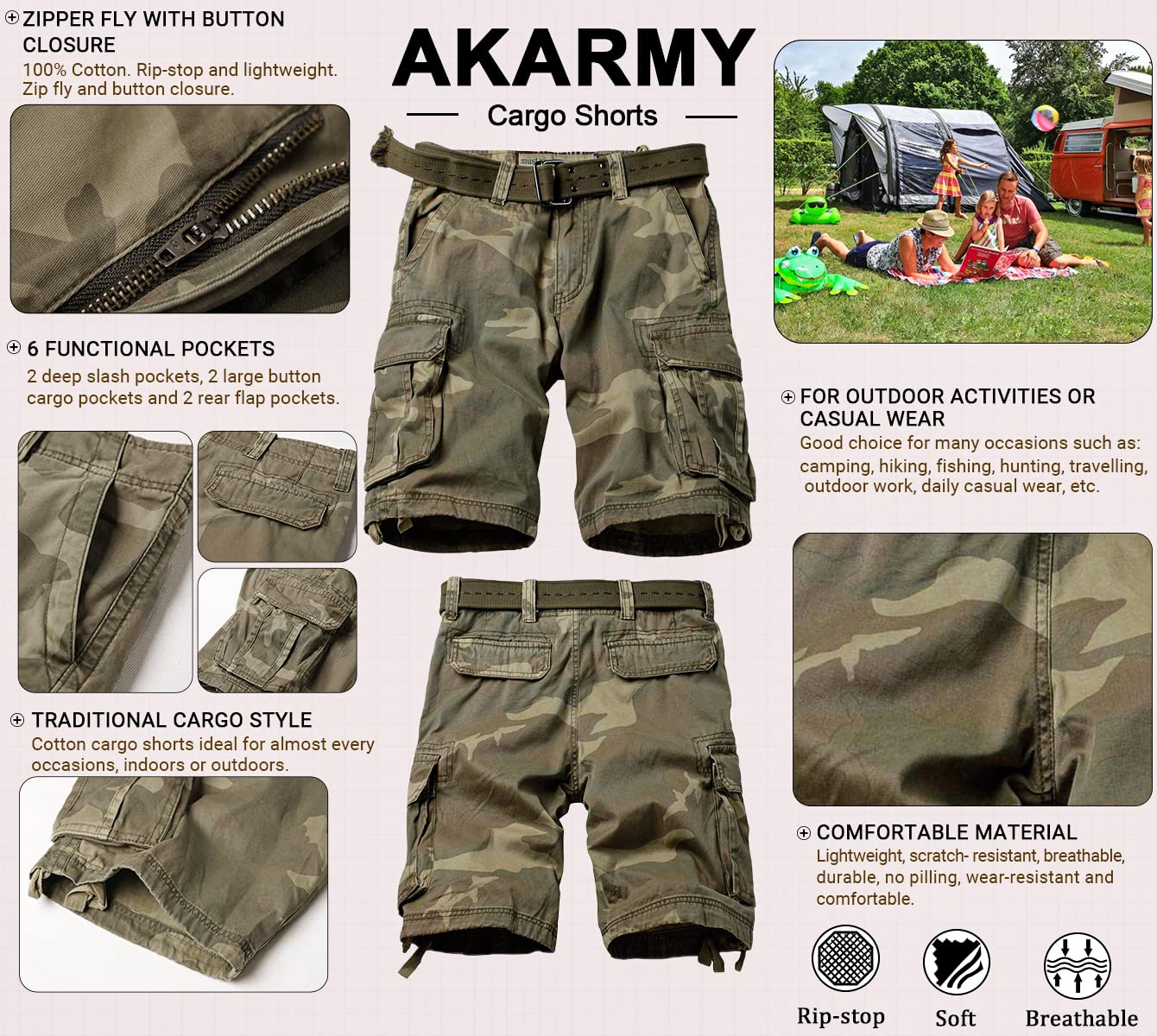 AKARMY Men's Camo Cargo Shorts Outdoor Multi-Pocket Cotton Casual Shorts with No Belt 8062 C34 Retro Camo Thin 40