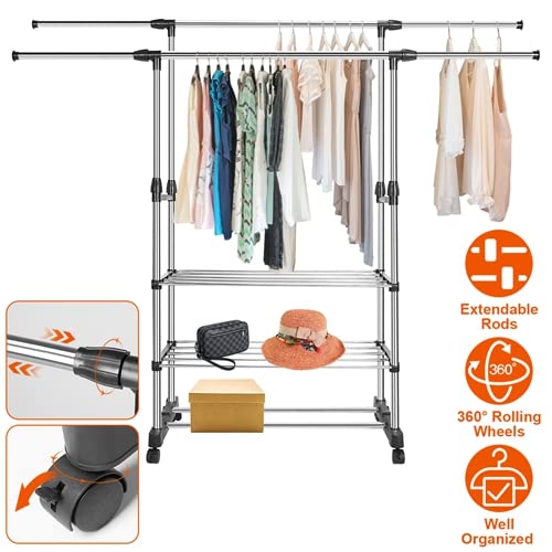 KOCASO Garment Rack with Wheels Double Rod Clothes Rack Clothing Rack with Shelves Rolling Clothes Rack