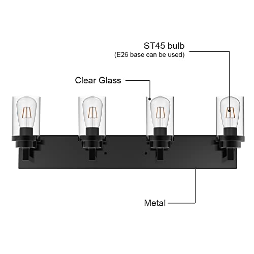 MELUCEE 4-Light Vanity Lights Over Mirror, Farmhouse Bathroom Light Fixtures Black with Clear Glass Shade, Industrial Wall Mount Lamp for Bedroom Kitchen Hallway