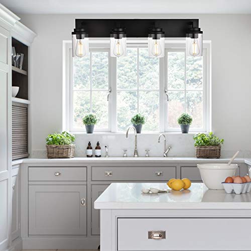 MELUCEE 4-Light Vanity Lights Over Mirror, Farmhouse Bathroom Light Fixtures Black with Clear Glass Shade, Industrial Wall Mount Lamp for Bedroom Kitchen Hallway