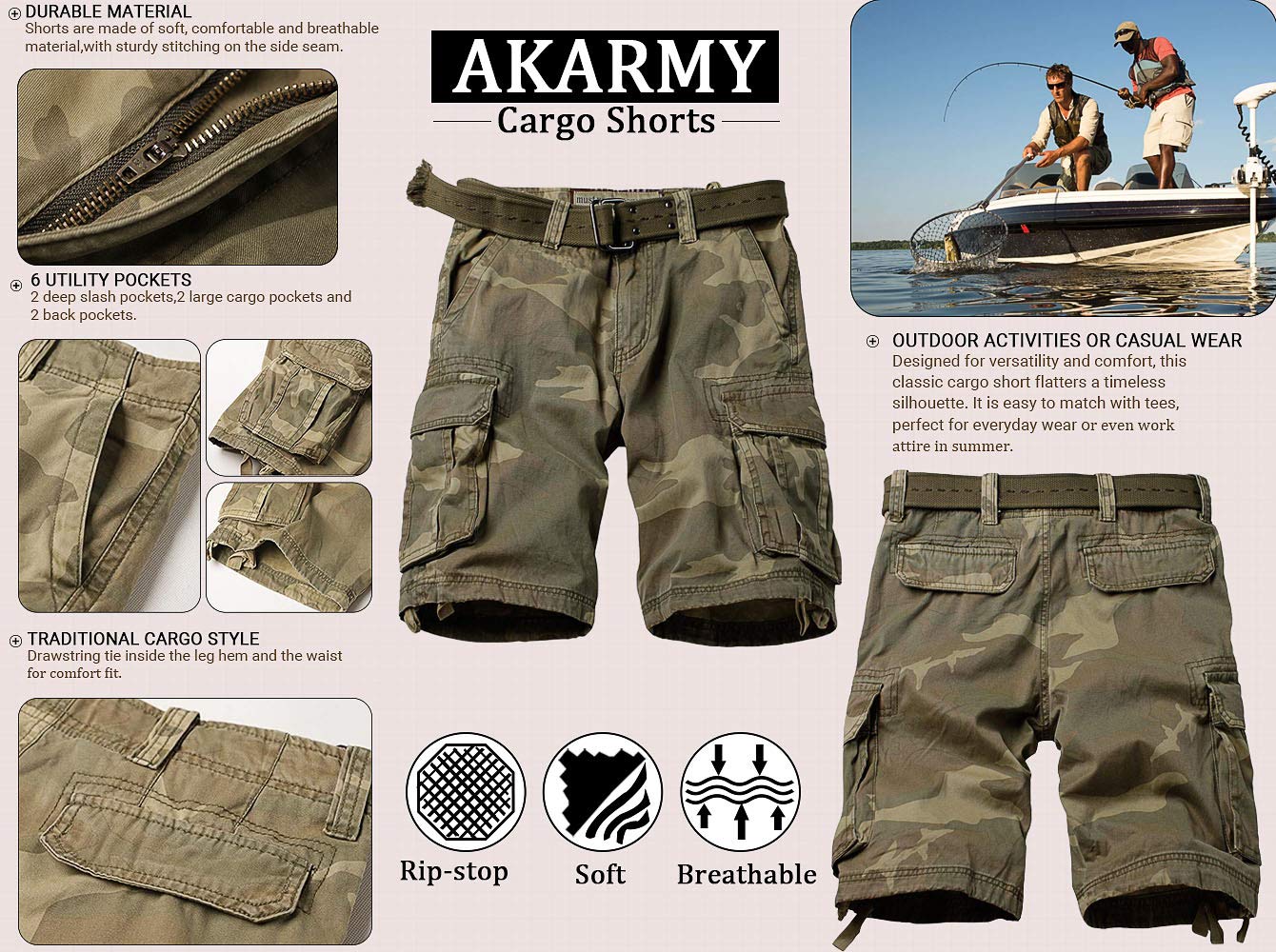 AKARMY Men's Camo Cargo Shorts Outdoor Multi-Pocket Cotton Casual Shorts with No Belt 8062 C34 Retro Camo Thin 40
