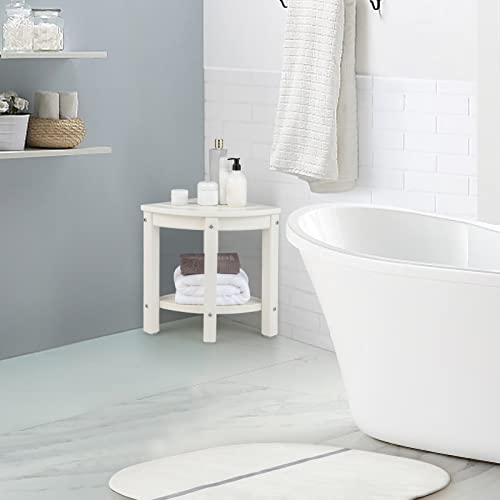 Giantex Corner Shower Stool Waterproof - HDPE Shower Bench Seat with Storage Shelf for Shaving Legs, Non-Slip Foot Pads, Plastic Spa Bath Step Foot Rest for Bathroom Small Place (Creamy White)