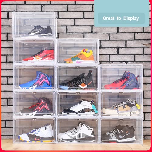 YOLOPARK Shoe boxes X-Large Clear Plastic Stackable Side Door Sneaker Display Case Pack of 4, Shoe Containers for Closet with Lids Shoe Storage Boxes Fit Size Up to US Men's 14 (4 Pack Clear)
