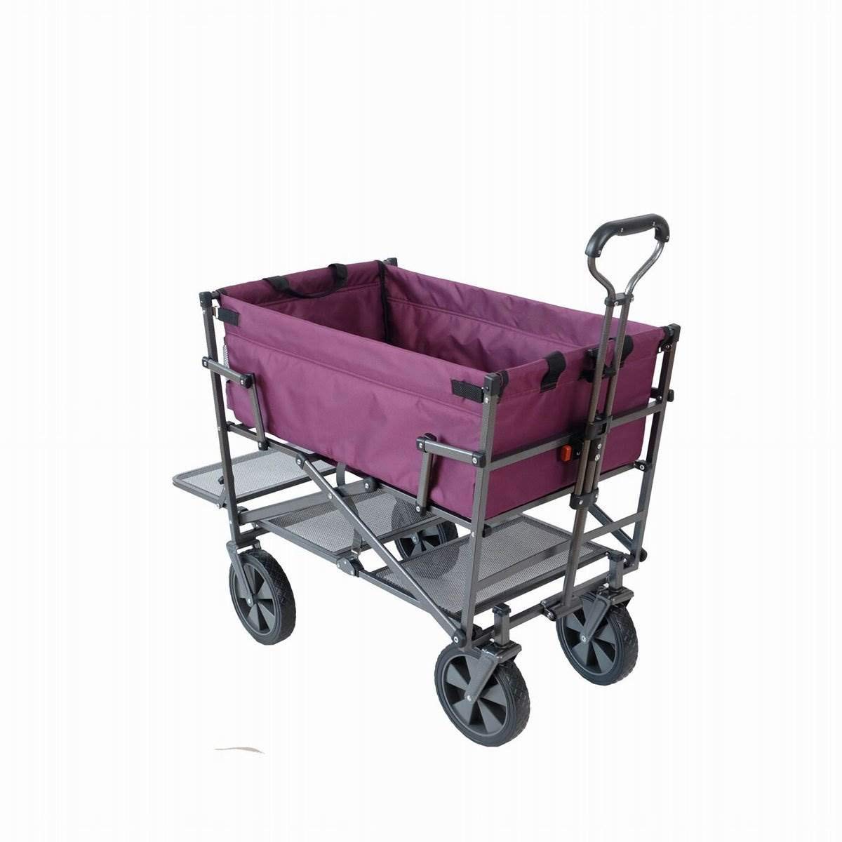Mac Sports Double Decker Heavy Duty Steel Frame Collapsible Outdoor Utility Garden Cart Wagon with Lower Storage Shelf and 150 Pound Capacity, Purple