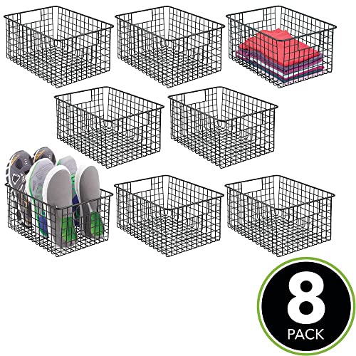mDesign Metal Wire Closet Storage Basket Organizer with Handles for Organizing Bedroom, Bathroom, Mudroom, Entryway, Hallway, or Linen Closets - Concerto Collection - 8 Pack - Black