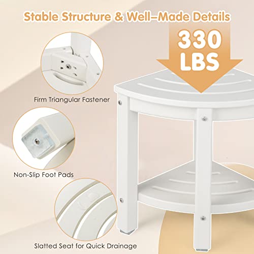 Giantex Corner Shower Stool Waterproof - HDPE Shower Bench Seat with Storage Shelf for Shaving Legs, Non-Slip Foot Pads, Plastic Spa Bath Step Foot Rest for Bathroom Small Place (Creamy White)