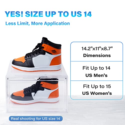 YOLOPARK Shoe boxes X-Large Clear Plastic Stackable Side Door Sneaker Display Case Pack of 4, Shoe Containers for Closet with Lids Shoe Storage Boxes Fit Size Up to US Men's 14 (4 Pack Clear)