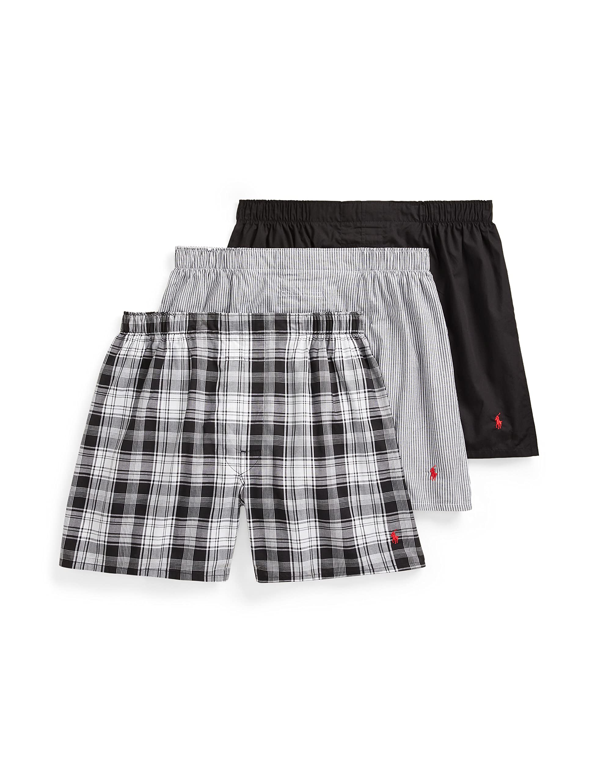 POLO Ralph Lauren Men's Classic Fit Cotton Woven Boxers 3-Pack, Bengal Stripe/Red, Stockton Plaid/Red, Black/Red-3 Pack, Medium