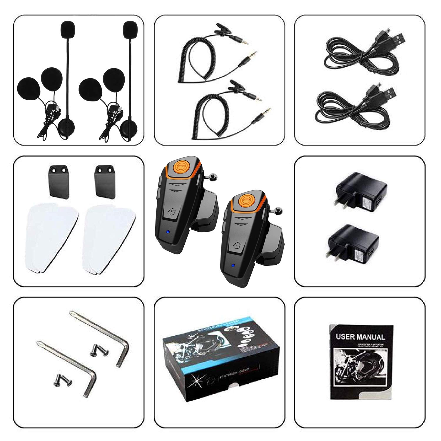 Dgakcvb Motorcycle Helmet Bluetooth Headset, BT-S2 1000m Helmet Bluetooth Intercom Up to 3 Riders Universal Communication System Headphones for Ski/ATV/Dirt Bike/Racing/Climbing(Dual)