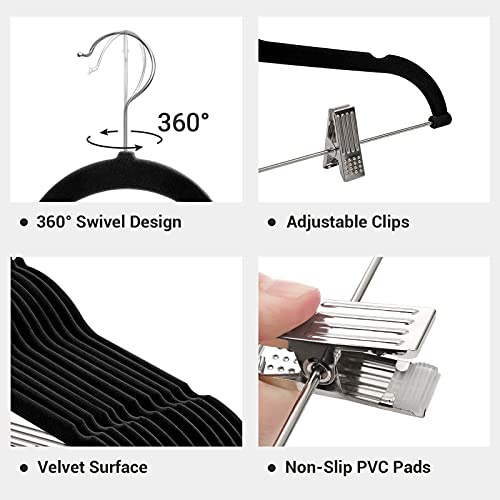 SONGMICS Industrial-Style Pipe Clothes Rack Bundle with 30 Clothes Hangers, Rolling Garment Rack with Bottom Storage Shelf, Velvet Hangers with Adjustable Clips, Black UHSR60B and UCRF12B30