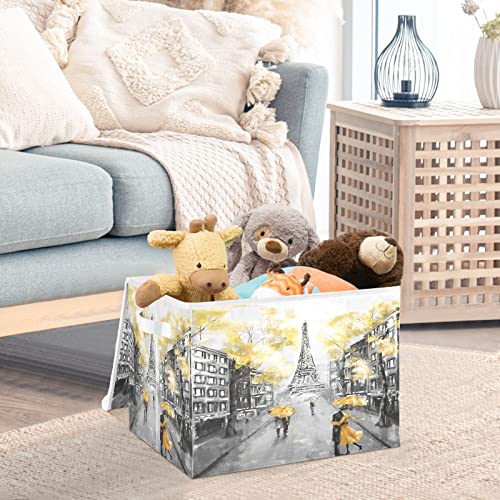 Krafig Modern Art Eiffel Tower Yellow Foldable Storage Box Large Cube Organizer Bins Containers Baskets with Lids Handles for Closet Organization, Shelves, Clothes, Toys