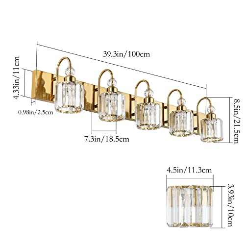 Ralbay Crystal Bathroom Vanity Lights 5-Lights Brass Gold Crystal Bathroom Vanity Lights Over Mirror Modern Crystal Gold Bathroom Wall Lighting Fixtures