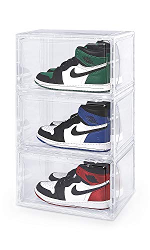 Zoknes Storage-Stackable shoe box Organizer-Containers shoe box with magnetic suction plastic transparent shoe box side shoe display box Stackable Shoe with Clear Door for Sneakers,3-pack