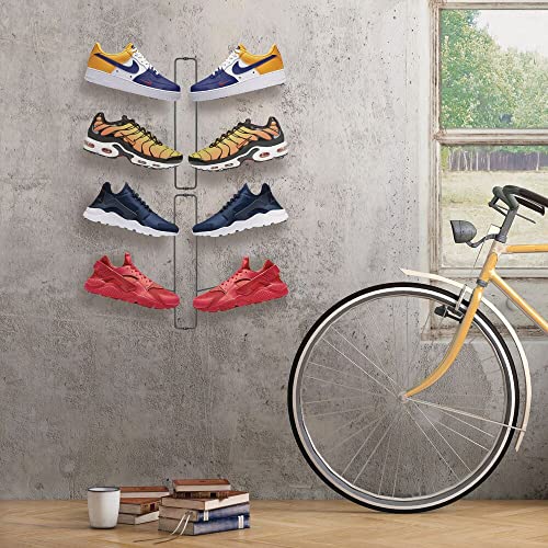 mDesign Modern Metal Shoe Organizer Display & Storage Shelf Rack - Hang & Store Kicks, Running, Basketball, Trainers, Tennis Shoes - 2 Tier, Hold 4 Shoes on Each Wall Mount Unit, 2 Pack, Graphite Gray