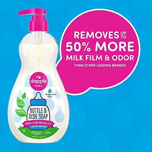 Dapple Baby Bottle Soap, Hypoallergenic Dish Soap for Baby Bottles, Powered by Plants, 1 Pump Included, Packaging May Vary, Fragrance Free, 16.9 Fl Oz (Pack of 3)