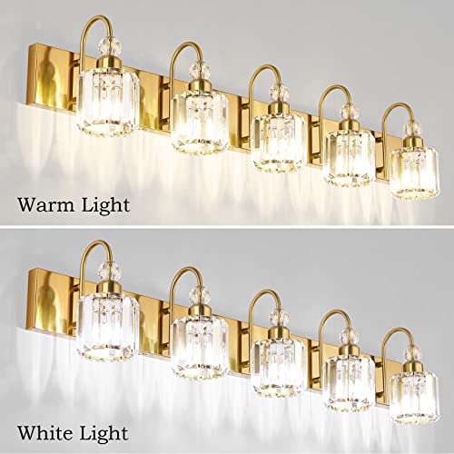Ralbay Crystal Bathroom Vanity Lights 5-Lights Brass Gold Crystal Bathroom Vanity Lights Over Mirror Modern Crystal Gold Bathroom Wall Lighting Fixtures