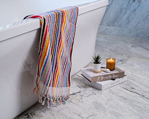 Striped Hand and Bath Towels for Bathroom | Set of 2 Hand Towels | Organic Turkish Cotton | Large Soft Plush Fluffy Absorbent Ribbed Bath Towels (Hand Towel Set, Rainbow)