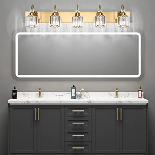 Ralbay Crystal Bathroom Vanity Lights 5-Lights Brass Gold Crystal Bathroom Vanity Lights Over Mirror Modern Crystal Gold Bathroom Wall Lighting Fixtures