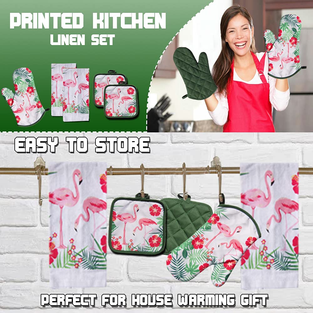 Lobyn Value Packs - 5 Piece Tropical Kitchen Towel Set: Features Flock of Pink Flamingos, 2 Decorative Dish Towels, 1 Oven Mitt, and 2 Potholders