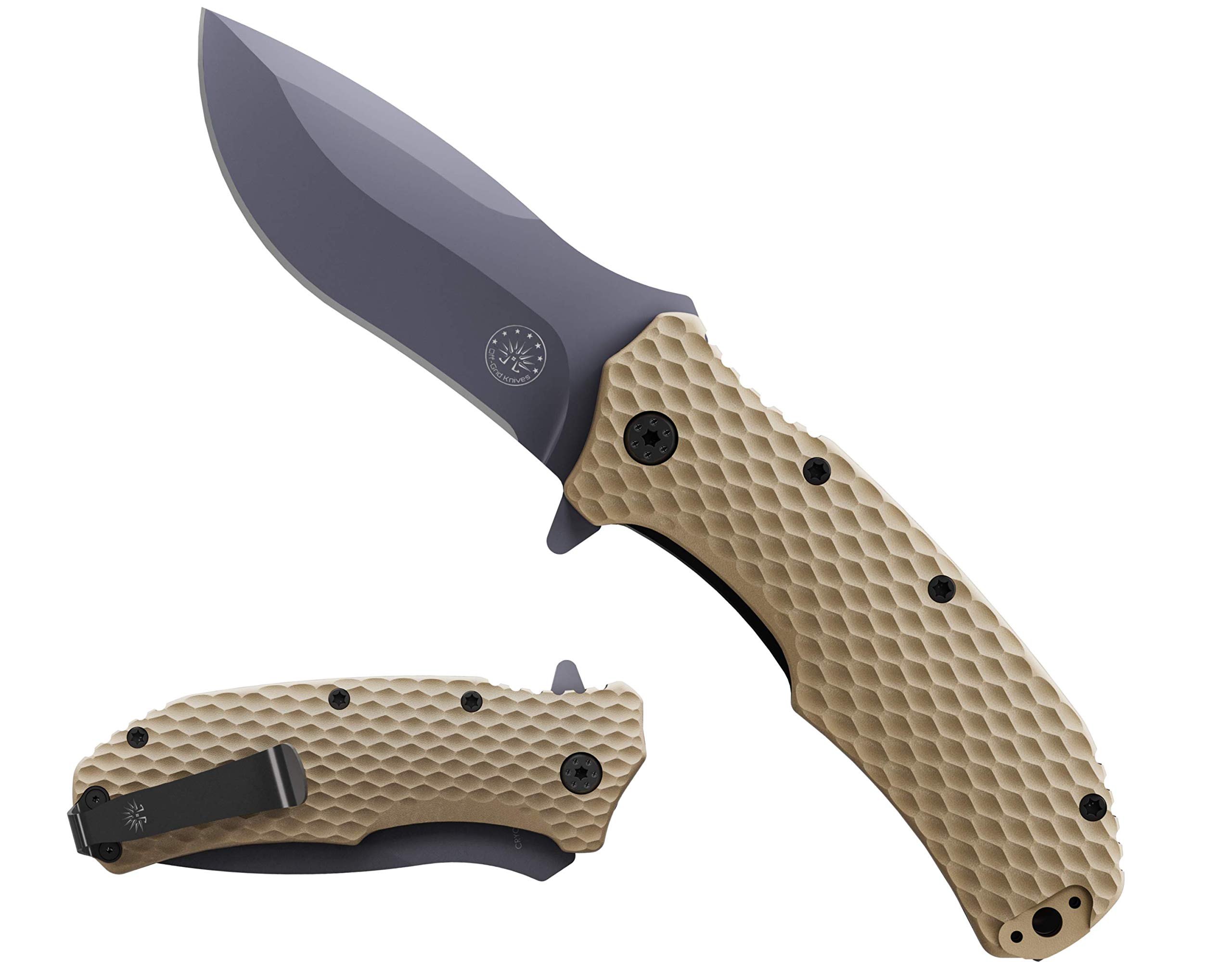 Off-Grid Knives - Rapid Fire Coyote, Large Assisted EDC, Hard Use Construction, Camping and Survival, Cryogenic D2 Blade Steel, Titanium Nitride Coating with G10 Scales, Deep Pocket Carry
