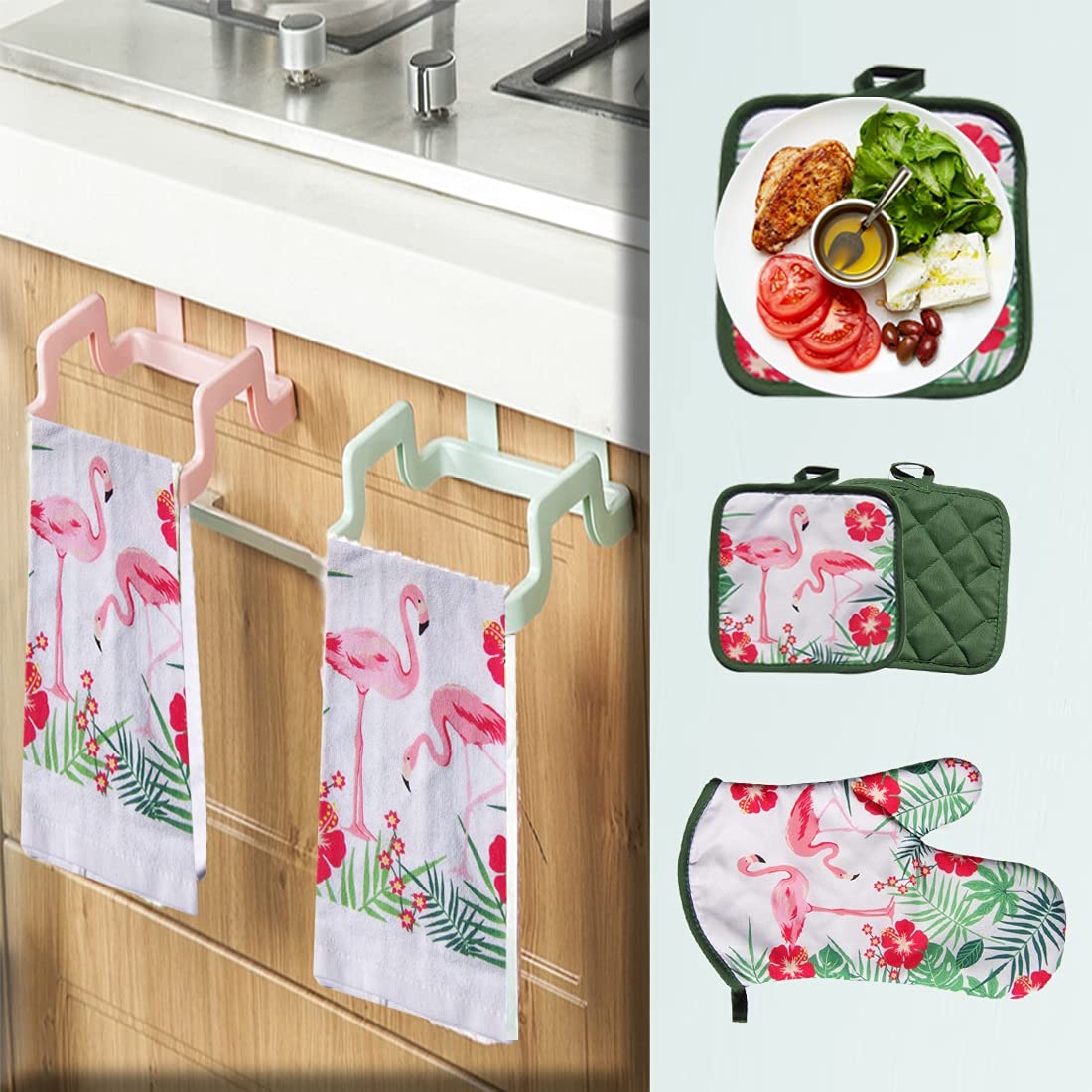 Lobyn Value Packs - 5 Piece Tropical Kitchen Towel Set: Features Flock of Pink Flamingos, 2 Decorative Dish Towels, 1 Oven Mitt, and 2 Potholders