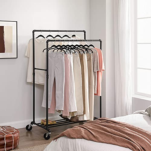 SONGMICS Industrial-Style Pipe Clothes Rack Bundle with 30 Clothes Hangers, Rolling Garment Rack with Bottom Storage Shelf, Velvet Hangers with Adjustable Clips, Black UHSR60B and UCRF12B30