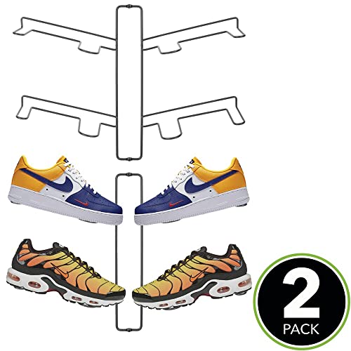 mDesign Modern Metal Shoe Organizer Display & Storage Shelf Rack - Hang & Store Kicks, Running, Basketball, Trainers, Tennis Shoes - 2 Tier, Hold 4 Shoes on Each Wall Mount Unit, 2 Pack, Graphite Gray